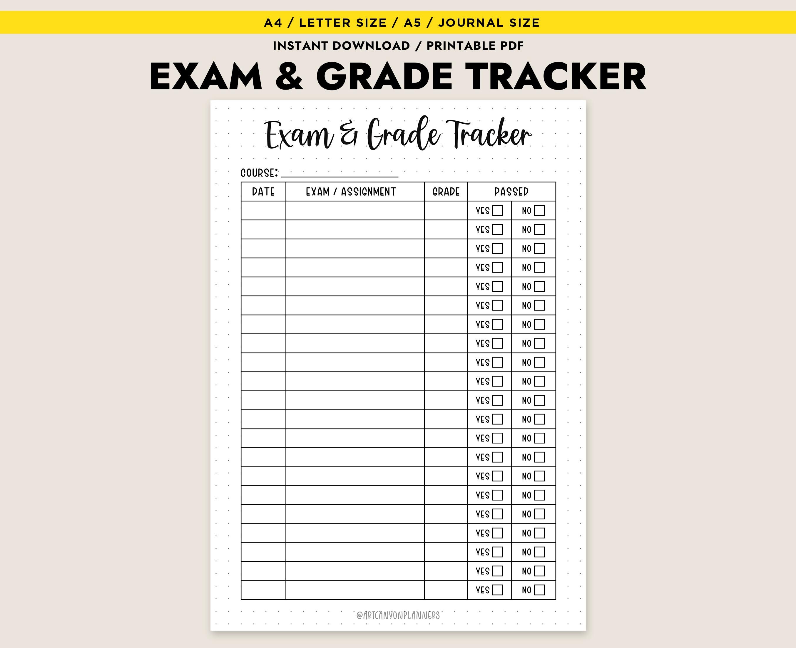 Exam Grade Tracker Printable Student Planner Page Academic Score Log A4 ...