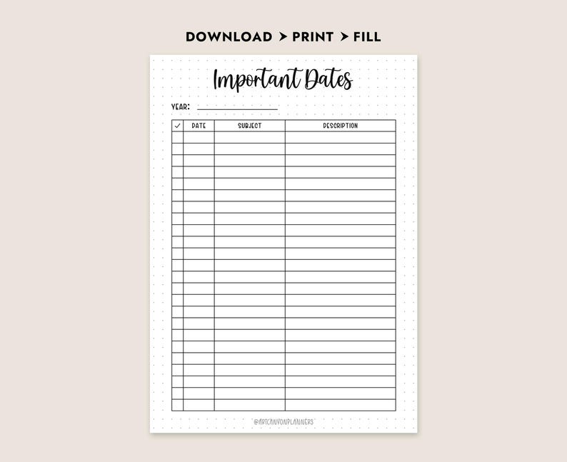 Important Dates Printable Planner Insert Yearly Tracker A4 A5 Letter ...