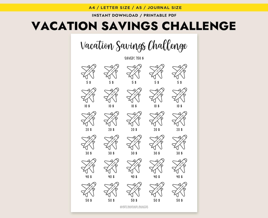 Printable Vacation Savings Challenge Tracker A4/letter/a5 Travel Fund ...