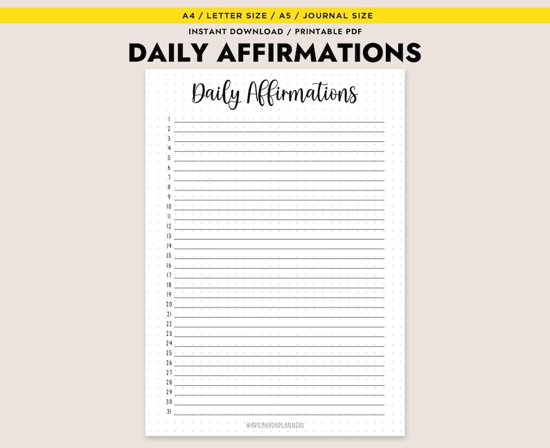 Daily Affirmations Printable Journal Page Self Care Planner Insert A4 ...