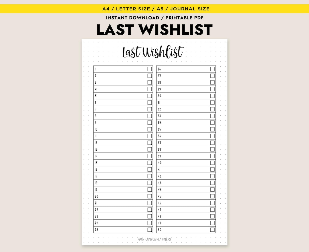 Last Wishlist Printable PDF Life Goals Bucket List Planner Insert A4 A5 ...