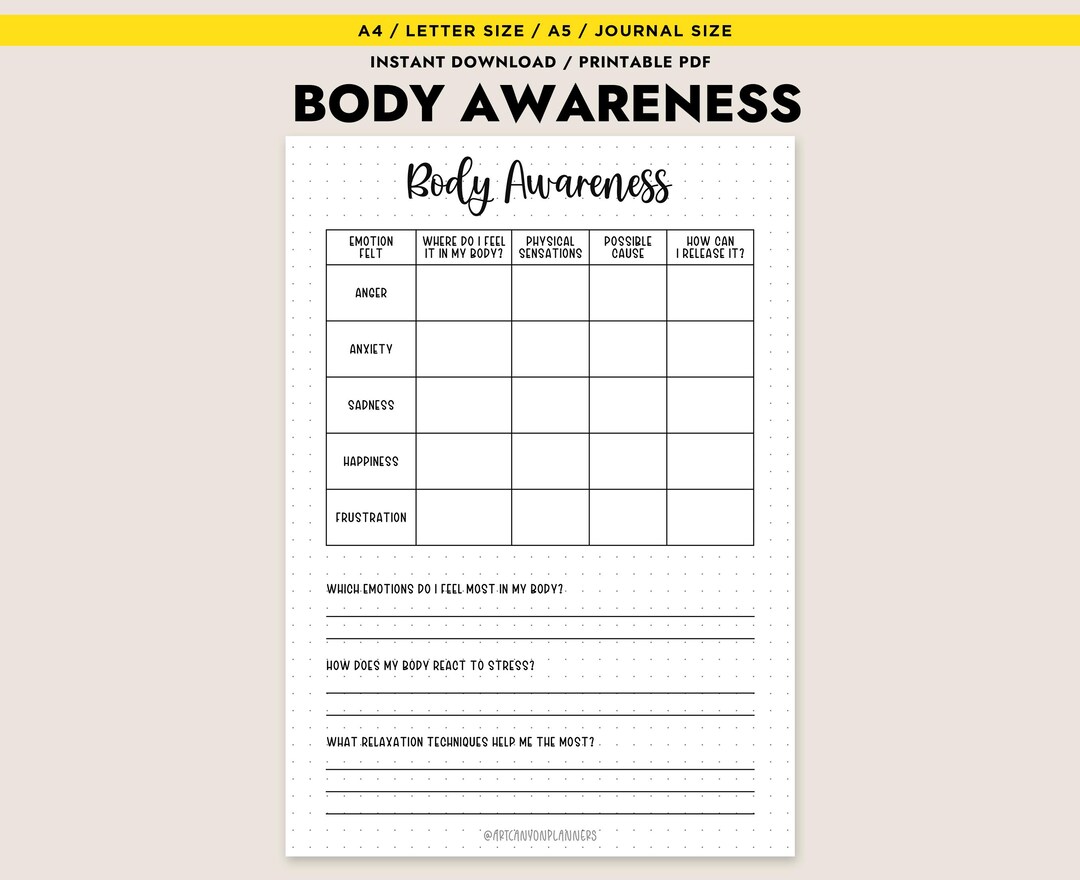 Body Awareness Worksheet Printable Emotion Tracker Self Care Journal A4 ...