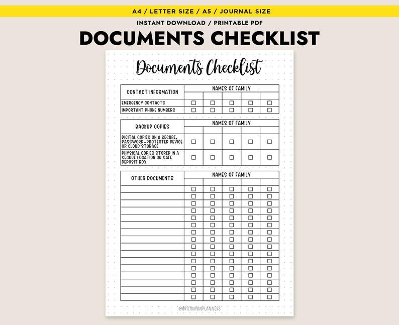 Printable Documents Checklist Family Organizer Important Information ...