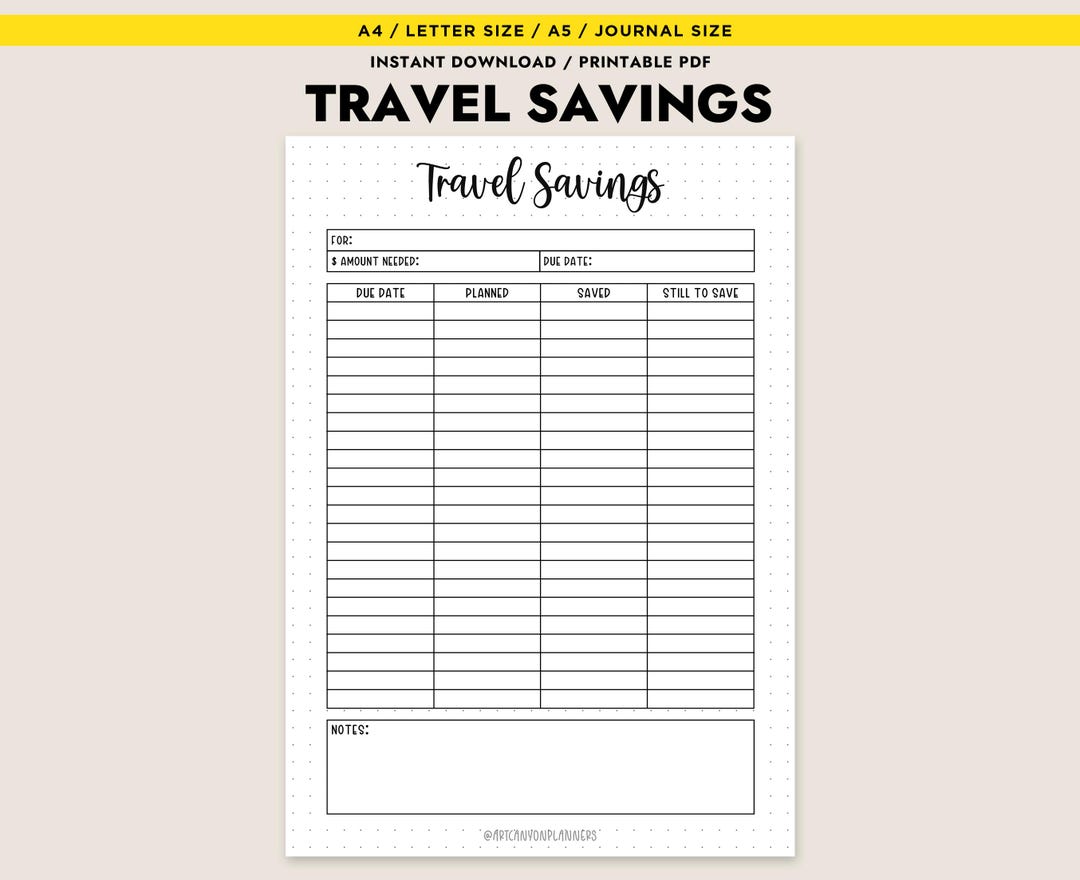 Printable Travel Savings Tracker Vacation Fund Planner Instant Download ...