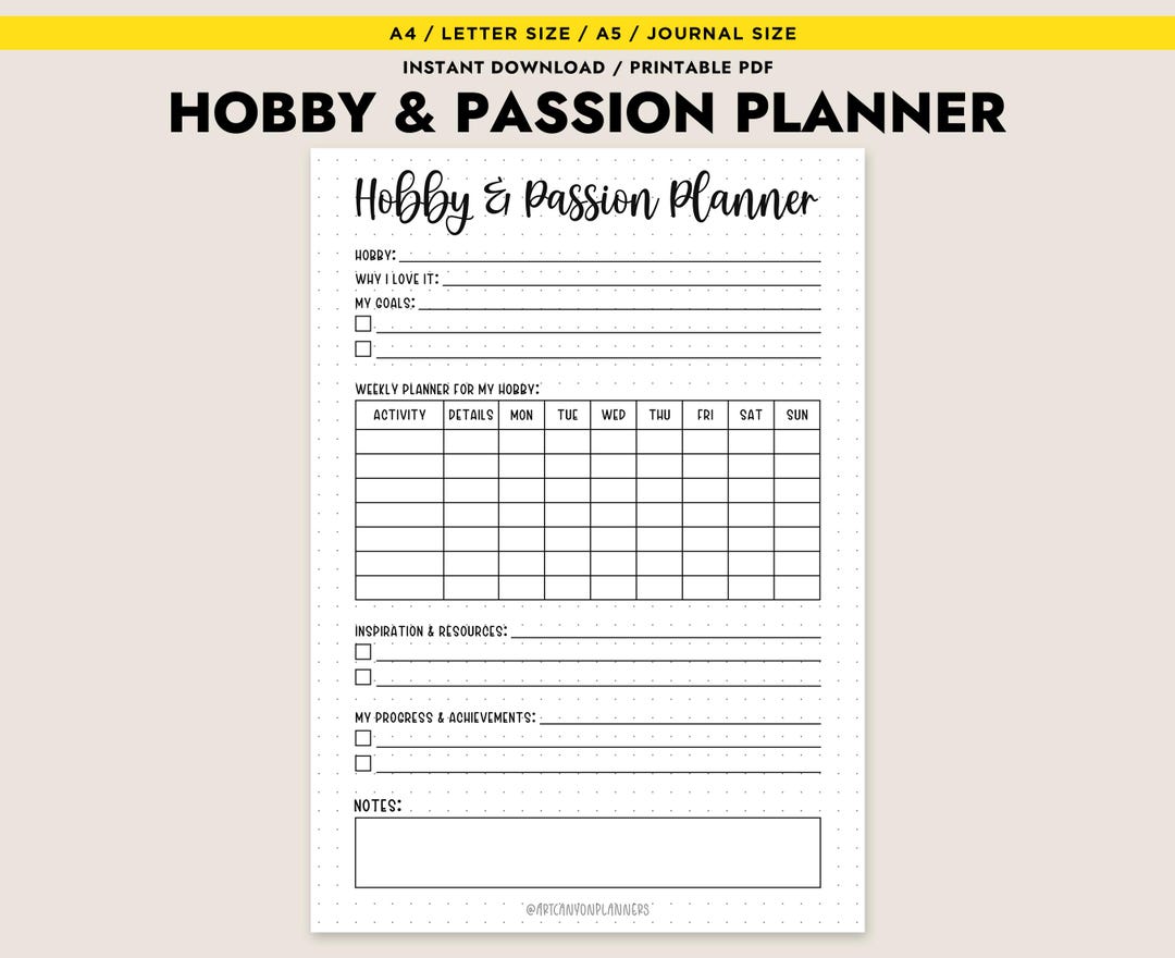 Hobby and Passion Planner Printable A4 A5 Letter Journal Size Instant ...
