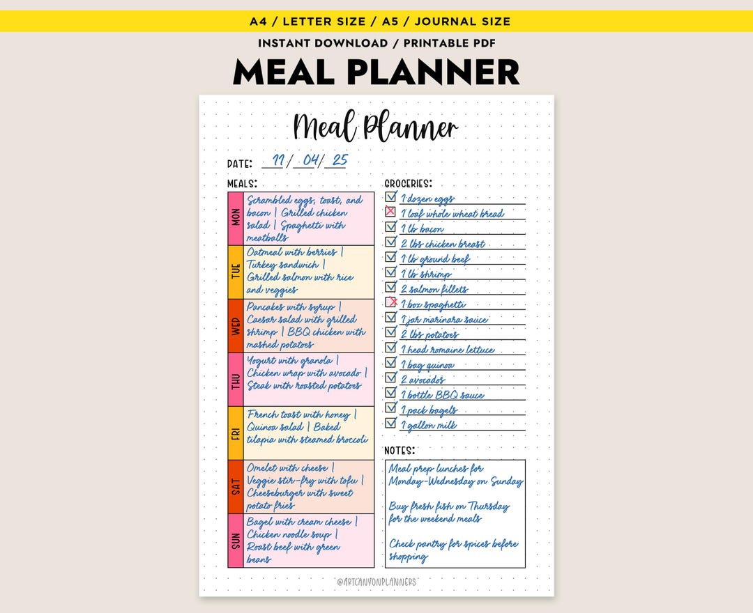 Weekly Meal Planner Printable Food Log & Grocery List Daily Menu ...