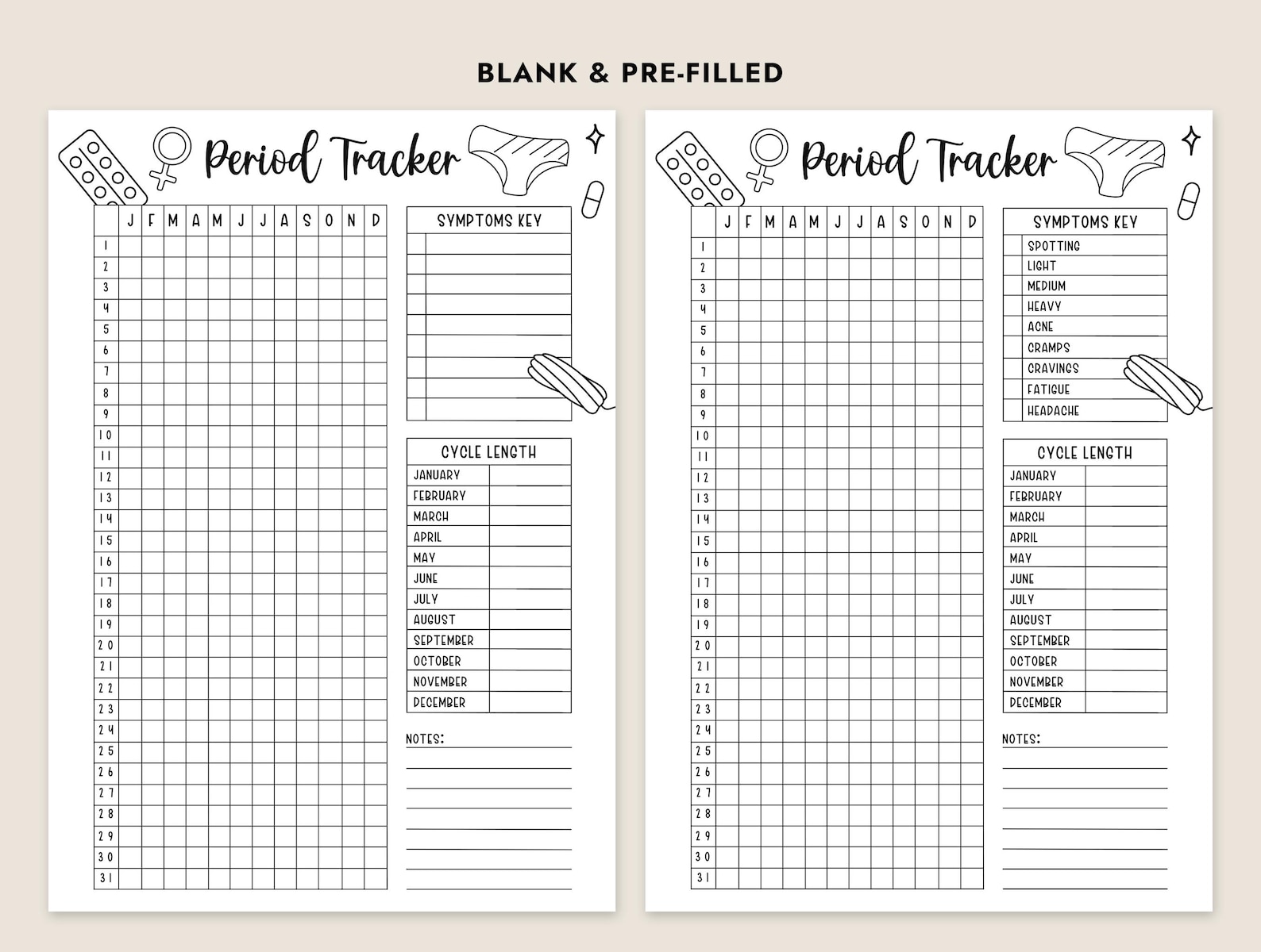 Period Tracker Monthly Printable Planner Journal Page Menstruation Log ...