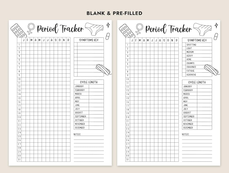 Period Tracker Monthly Printable Planner Journal Page Menstruation Log ...