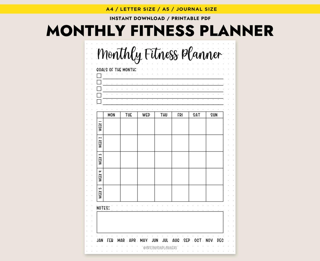 Monthly Fitness Planner Printable Template Tracker Workout Exercises ...