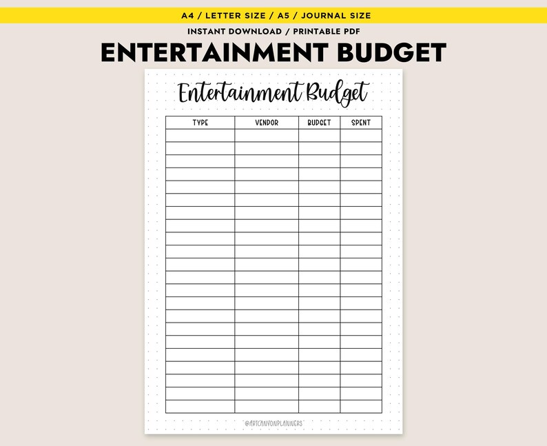Entertainment Budget Printable A4 Letter A5 Journal Size Instant ...
