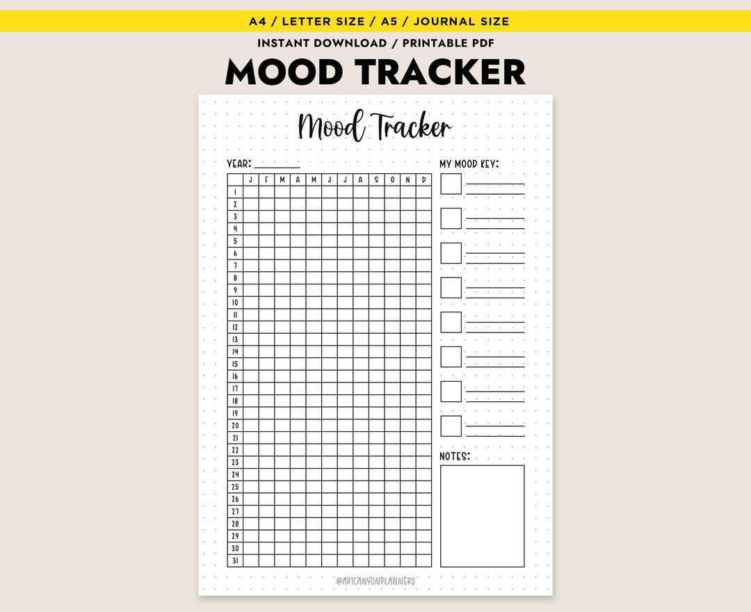 Mood Tracker Printable Yearly Daily Log A4 A5 Letter PDF Instant ...