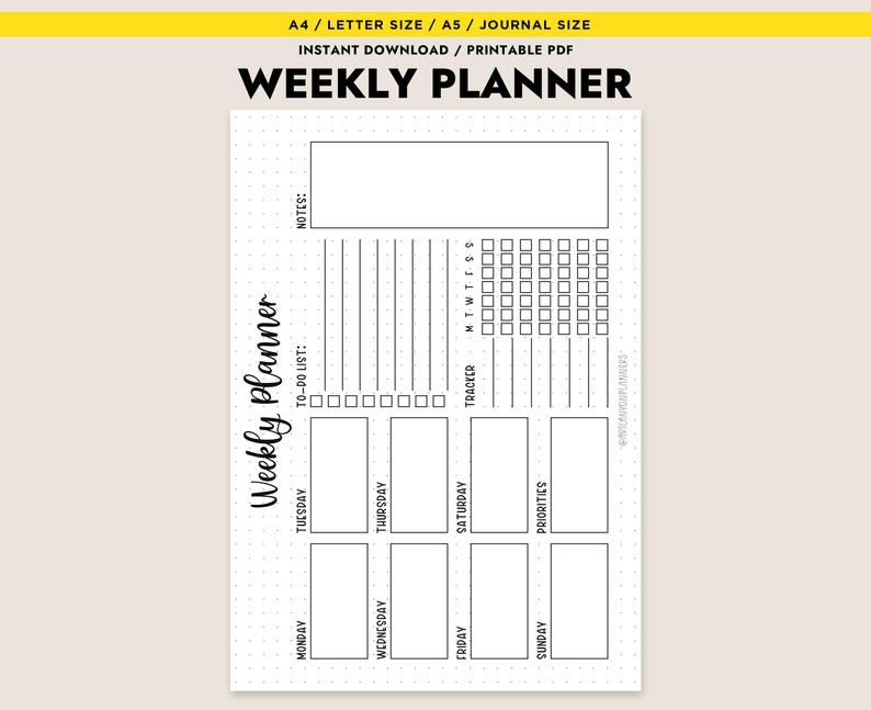Weekly Planner Printable Undated A4 A5 Letter Journal Size Instant ...