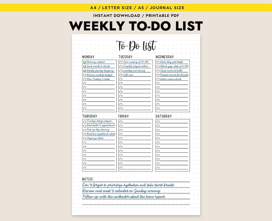 Weekly to Do List Printable Journal Simple Tasks List Task Organizer ...