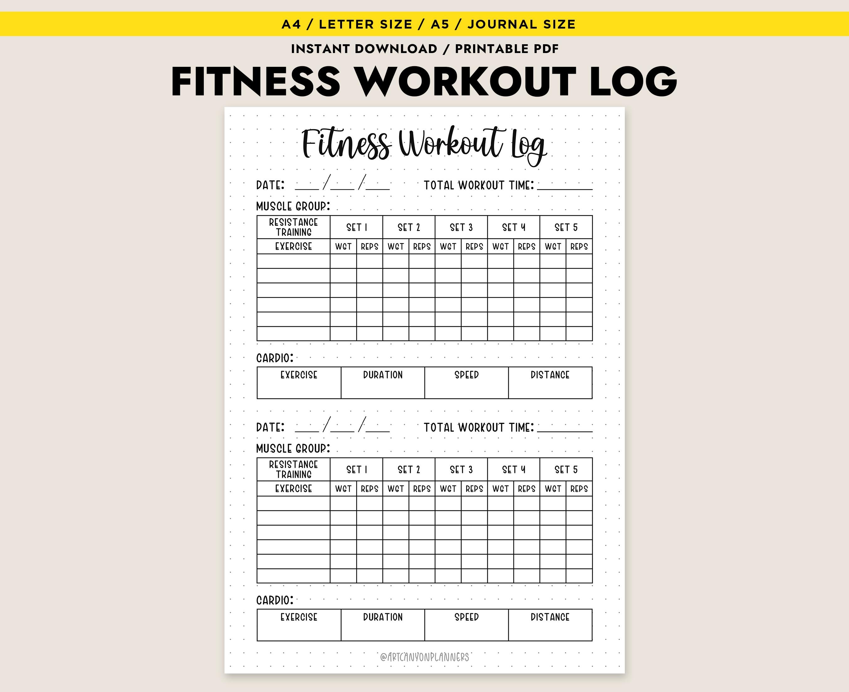 Fitness Workout Log Printable Resistance Cardio Tracker A4 A5 Letter ...