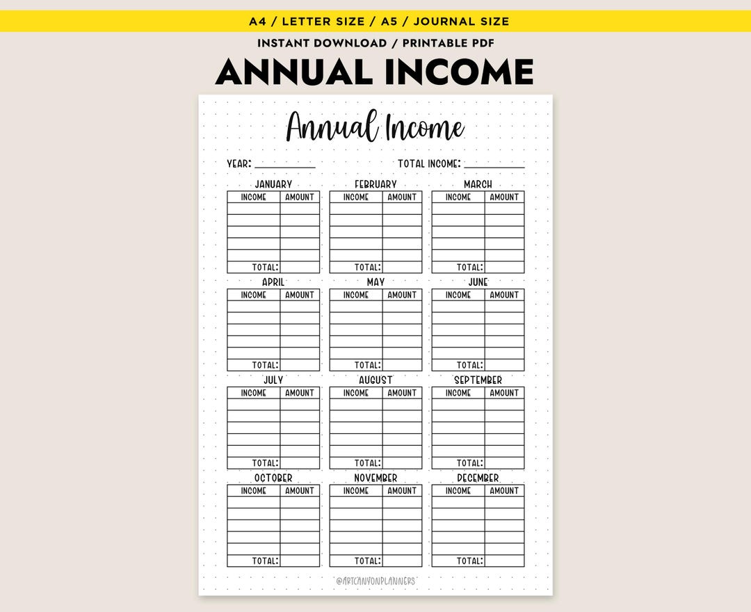 Annual Income Tracker Printable Monthly Earnings Log PDF Yearly Finance ...