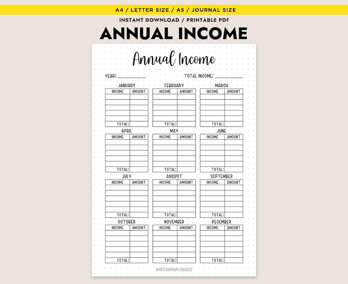 Annual Income Tracker Printable Monthly Earnings Log PDF Yearly Finance ...