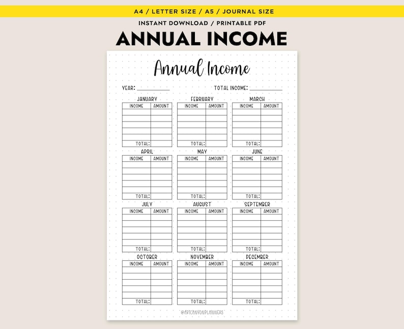 Annual Income Tracker Printable Monthly Earnings Log PDF Yearly Finance ...