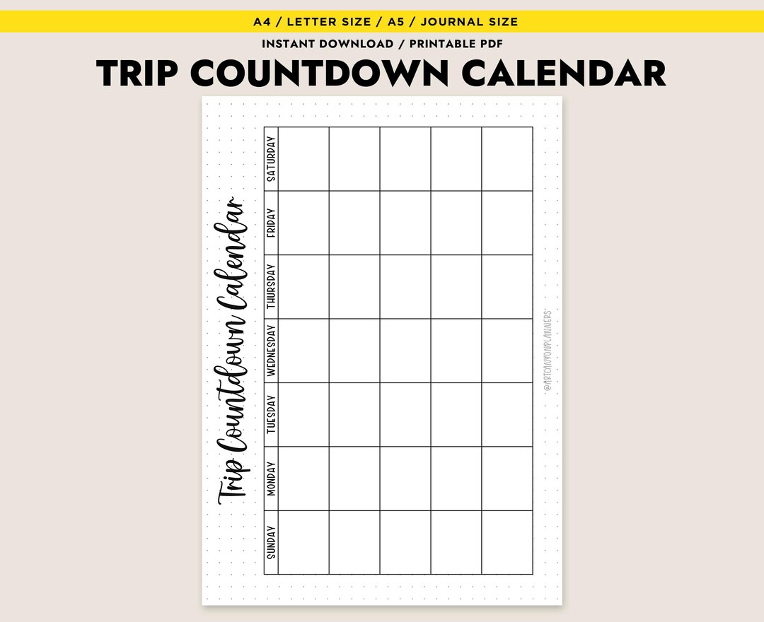 Printable Trip Countdown Calendar Vacation Planner Insert Travel ...