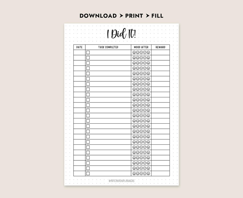 I Did It Chart Printable Task Tracker Mood and Reward Log Planner ...