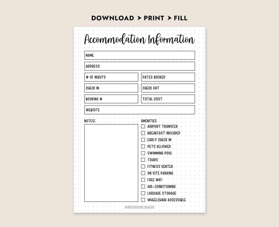 Printable Accommodation Information Sheet Travel Planner Insert Hotel ...