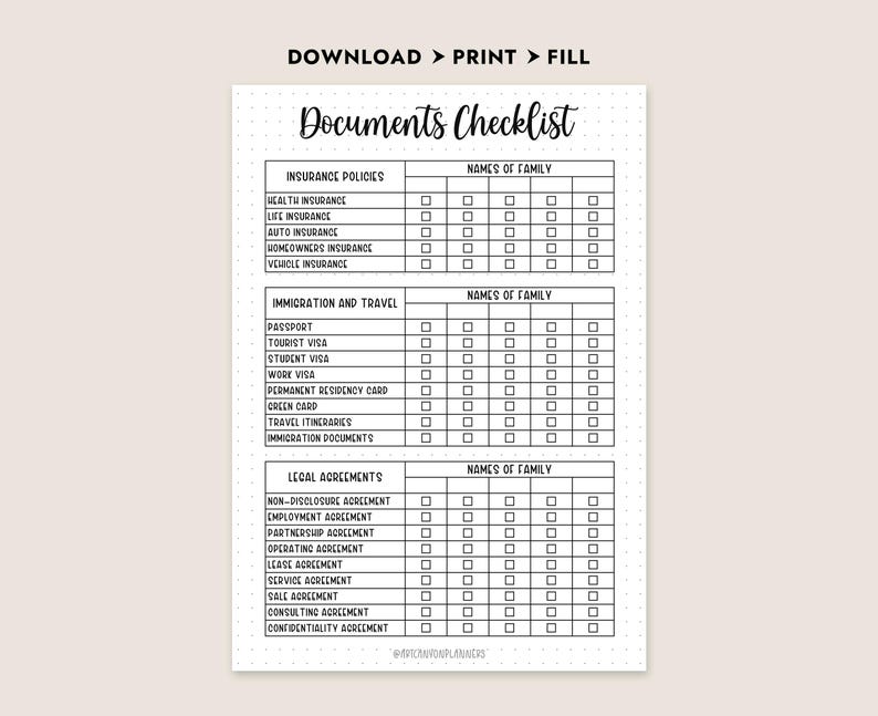 Printable Documents Checklist Family Organizer Important Papers Log ...