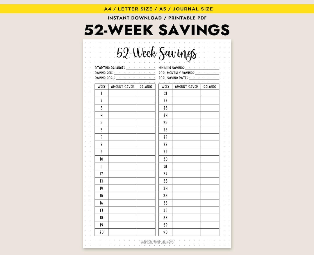 Printable 52-week Savings Challenge Tracker A4/letter/a5 Savings Goal ...
