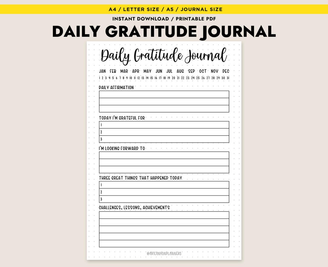 Daily Gratitude Journal Printable Page PDF Mindfulness Log Affirmation ...