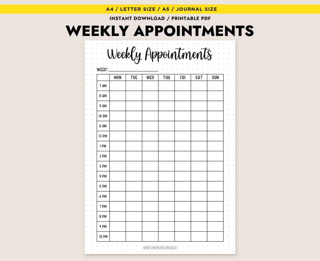 Weekly Appointments Planner Printable Hourly Schedule Time Management ...