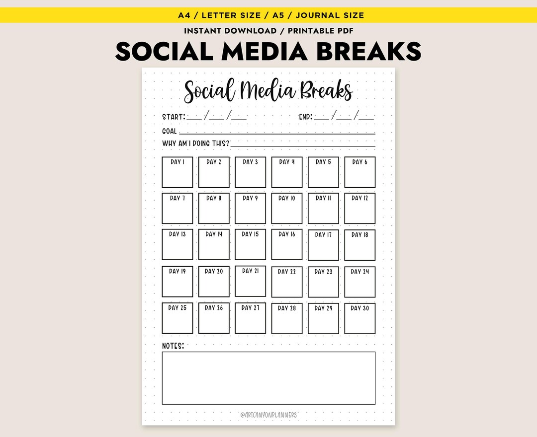 Social Media Breaks Printable Tracker 30 Day Challenge A4 A5 Letter PDF ...