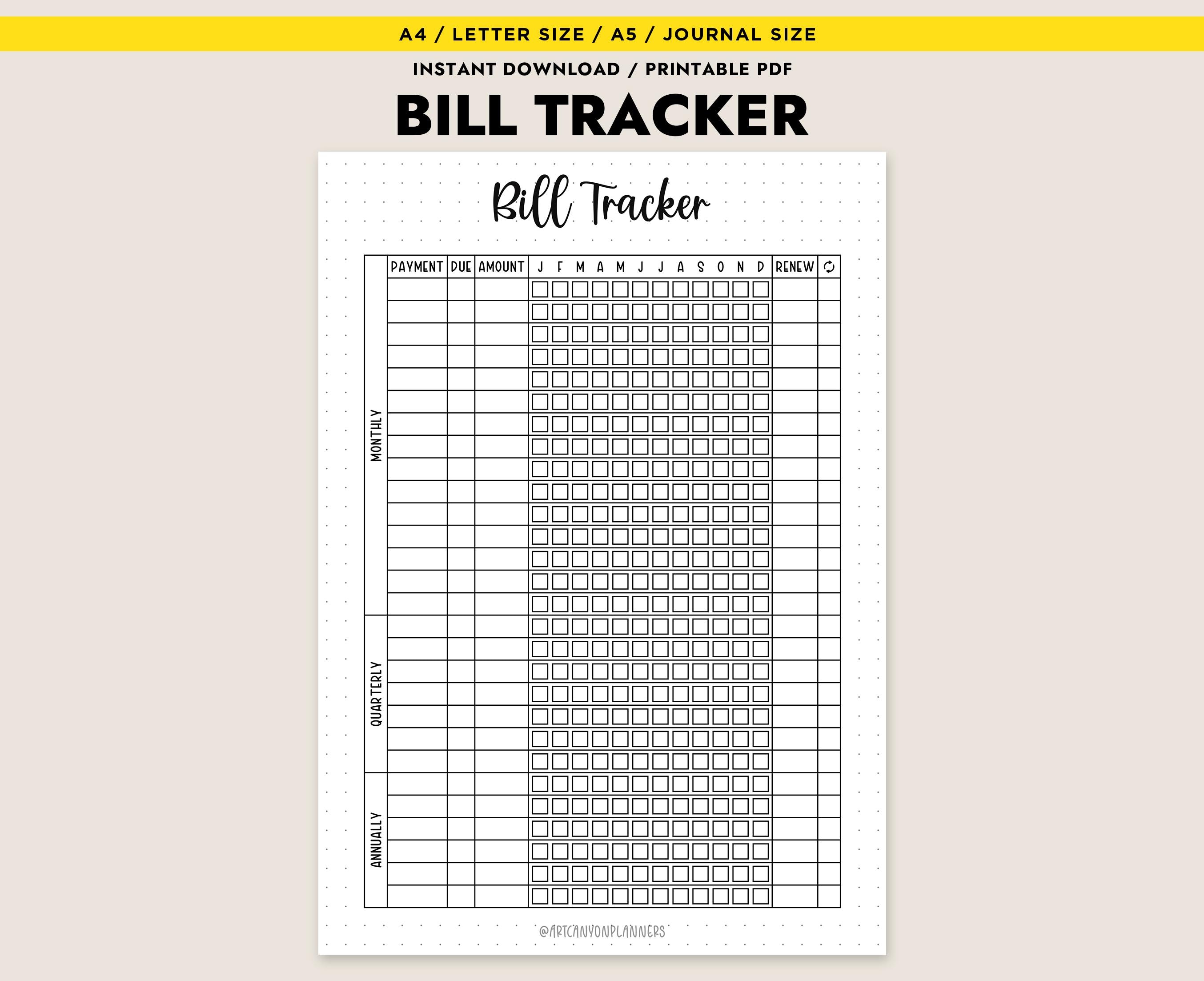 Bill Tracker Printable Monthly Payment Log PDF Expense & Subscription ...