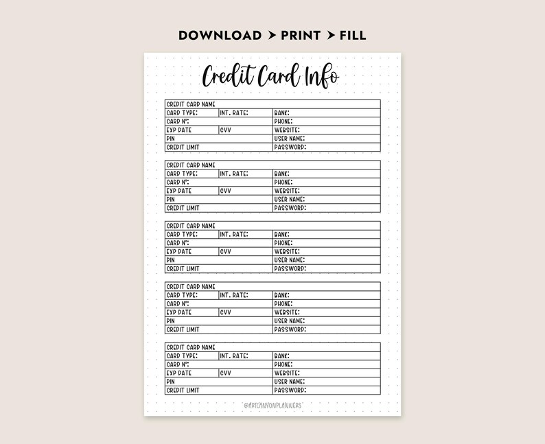 Printable Credit Card Info Tracker Financial Organizer Log A4, A5 ...
