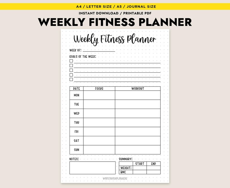 Weekly Fitness Planner Printable PDF Tracker Workout Exercises ...