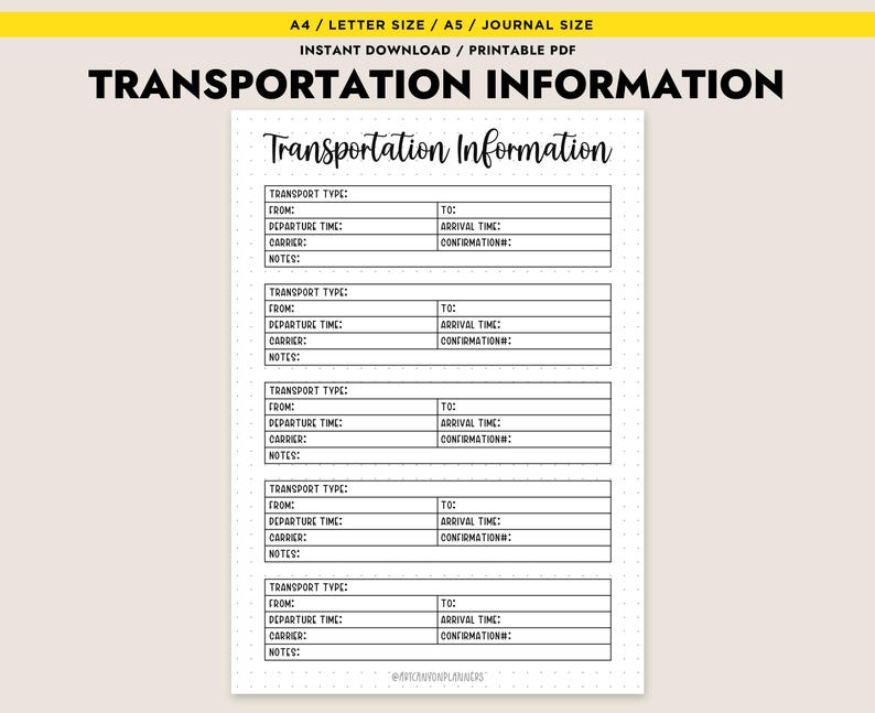 Printable Transportation Information Log Travel Planner Flight Details ...