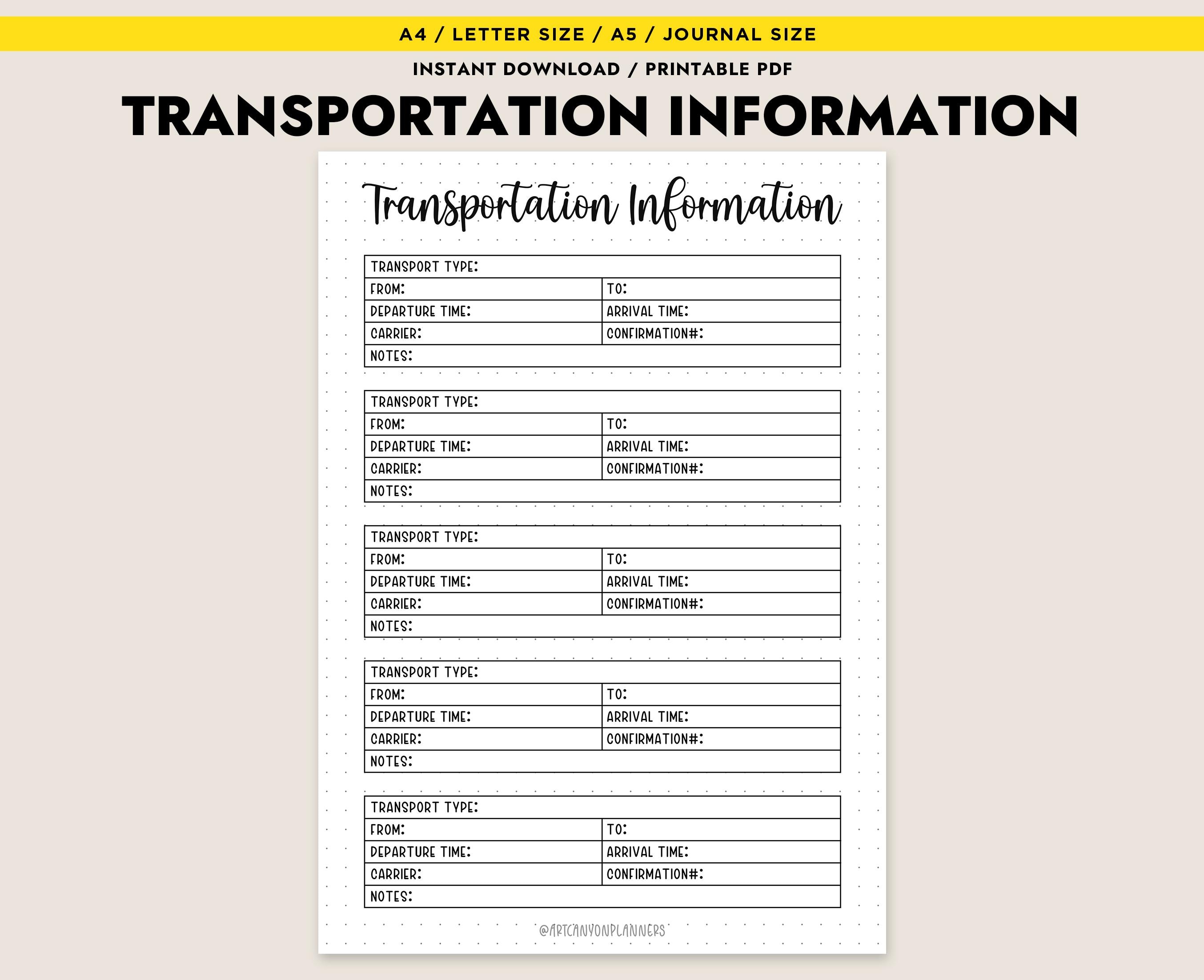 Printable Transportation Information Log Travel Planner Flight Details ...