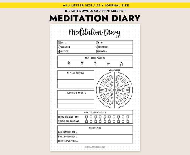 Meditation Diary Printable Mindfulness Log Mood Wheel Journal A4 A5 ...