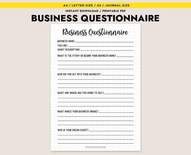 Business Questionnaire Printable Instant Download Business Planner ...