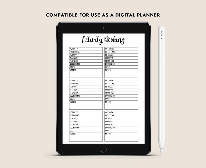 Printable Activity Booking Log Tour Reservation Tracker Travel Planner ...