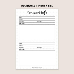 Printable Homework Info Tracker PDF Student Assignment Log School ...
