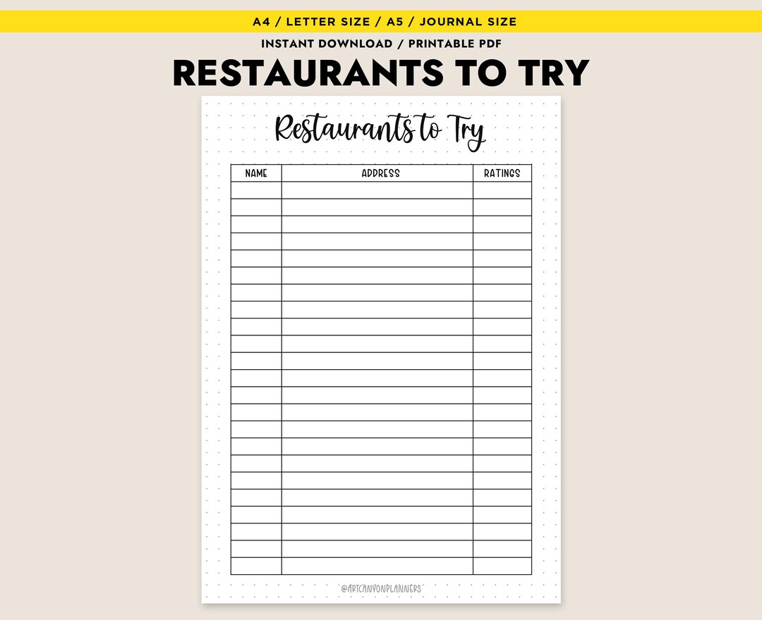 Restaurants to Try Printable Planner Page A4 A5 Letter Journal Size ...