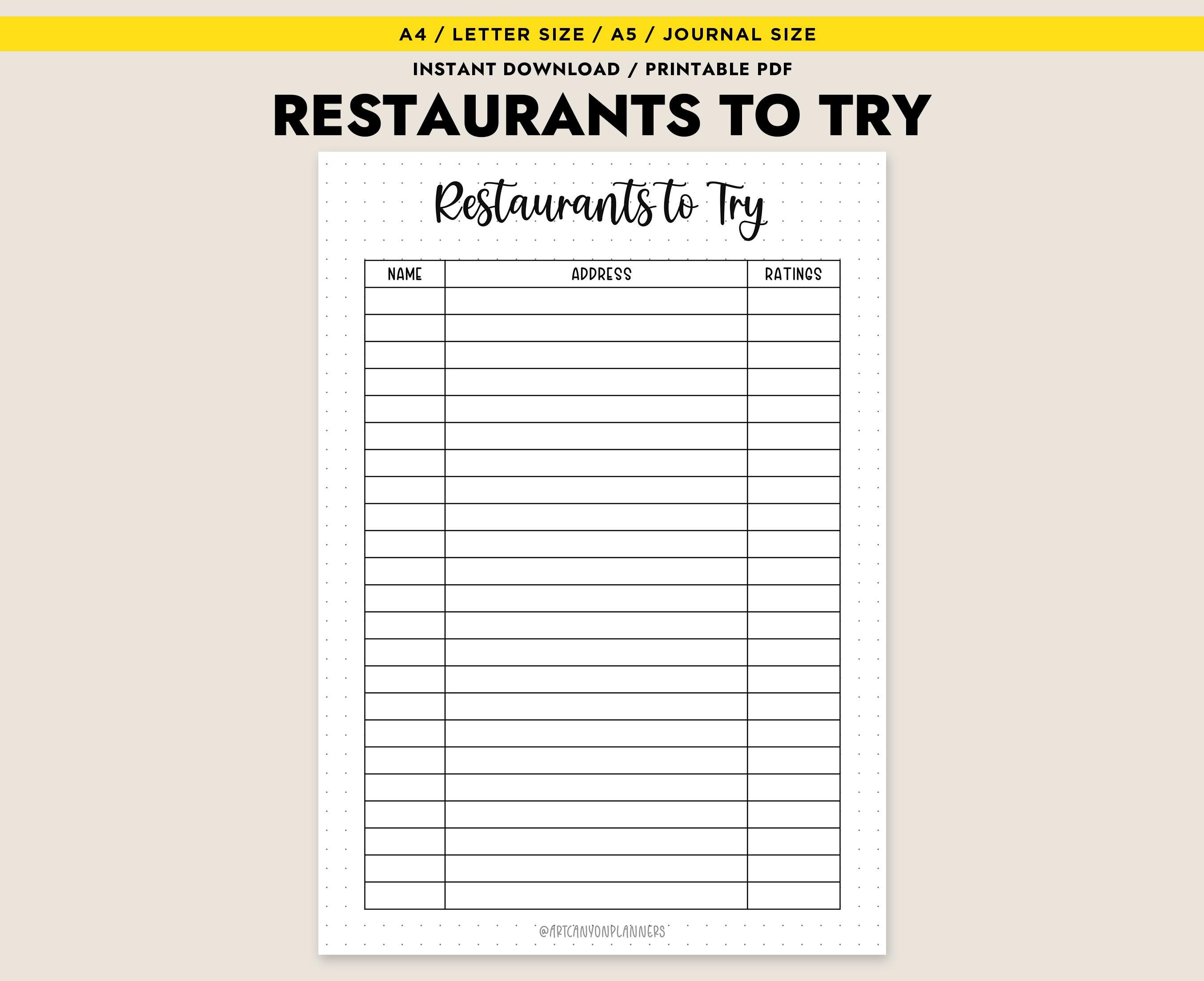 Restaurants to Try Printable Planner Page A4 A5 Letter Journal Size ...