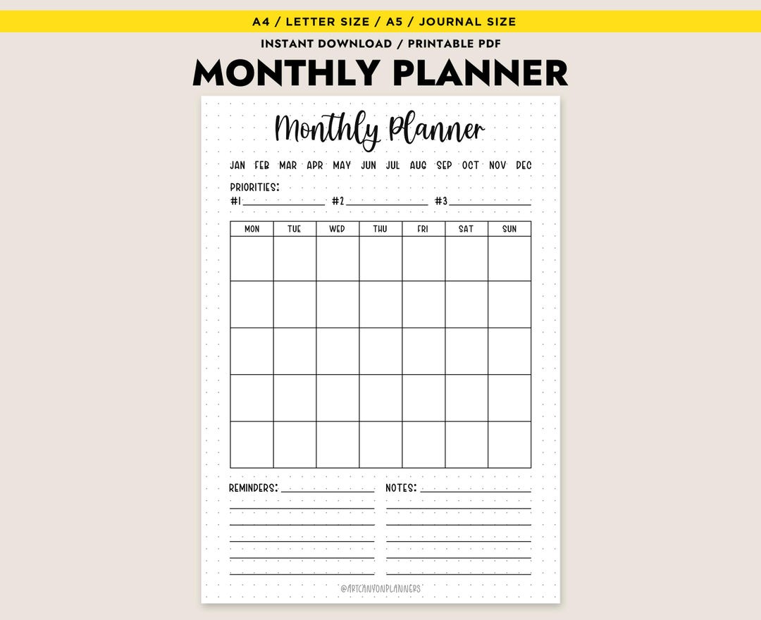 Monthly Planner Printable Undated A4 Letter A5 Journal Monthly Calendar ...