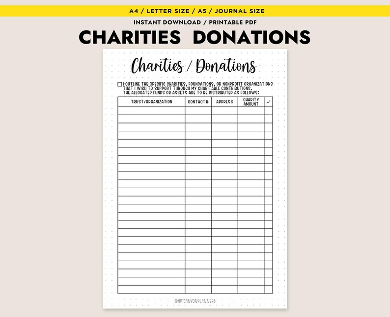 Charity Donations Tracker Printable Planner Insert Financial Organizer ...