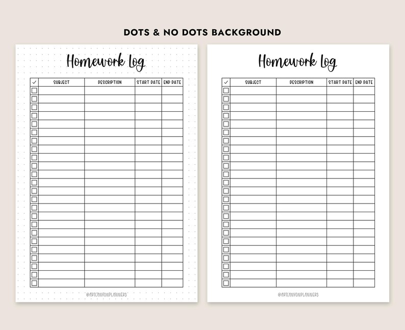 Homework Log Printable A4 Letter A5 Journal Size Instant Download ...