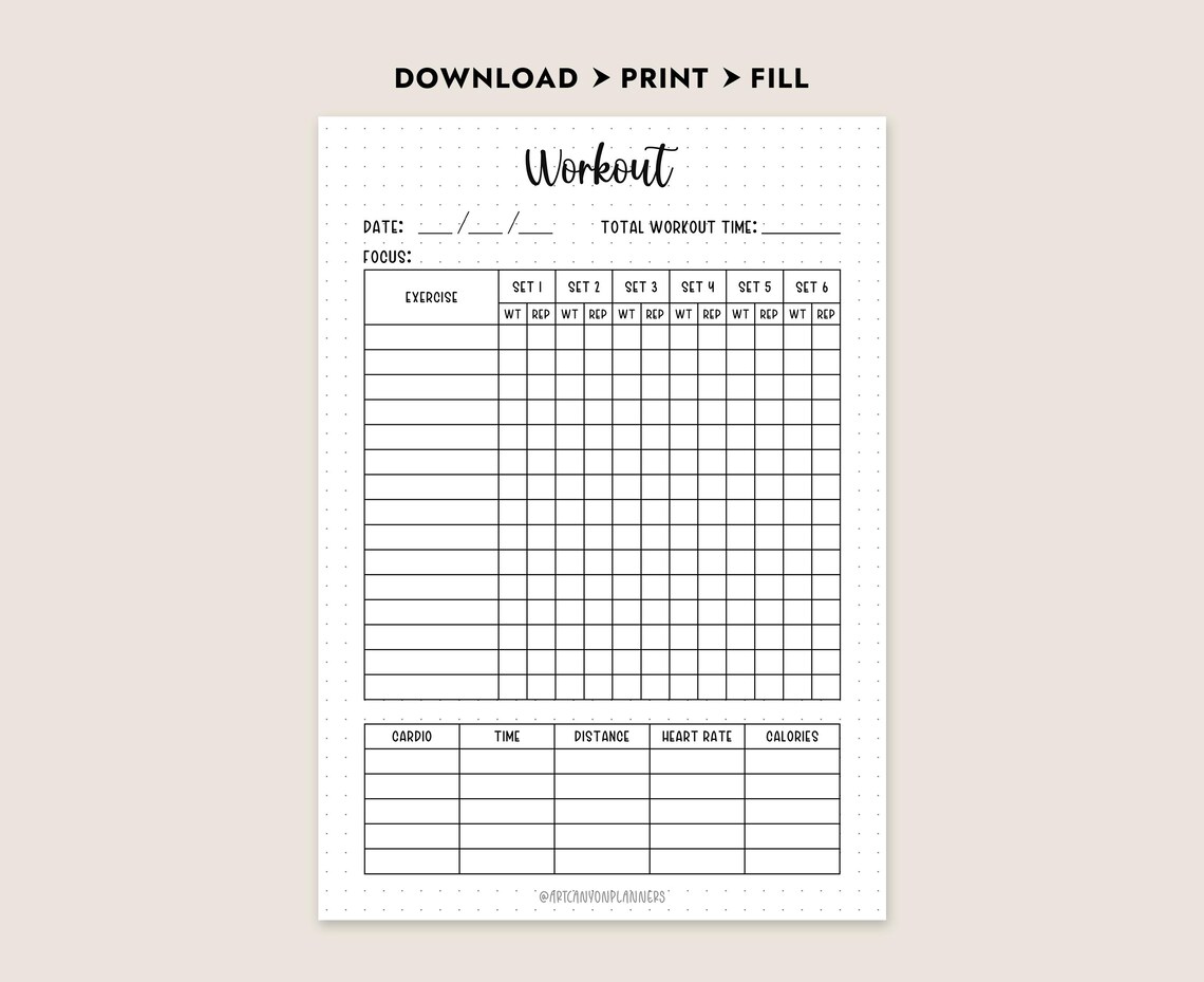 Workout Planner Printable Log Exercise Tracker Sets Reps Cardio A4 A5 ...