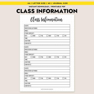 Class Information Printable A4 A5 Letter Size Journal PDF Instant ...