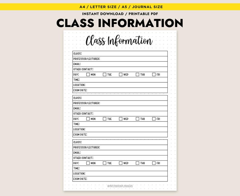 Class Information Printable A4 A5 Letter Size Journal PDF Instant ...