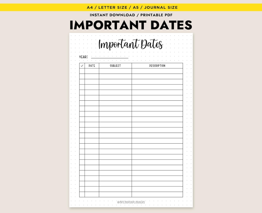 Important Dates Printable Planner Insert Yearly Tracker A4 A5 Letter ...