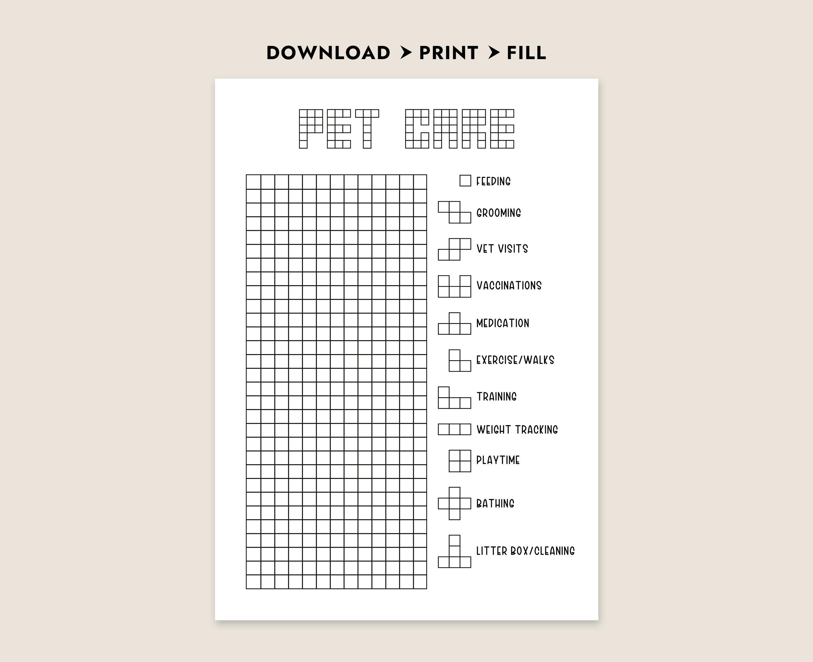 Pet Care Tracker Printable Journal Page Daily Pet Care Log Pet Habit ...