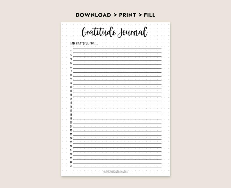 Printable Gratitude List Journal Page Monthly Log 31 Days PDF Instant ...