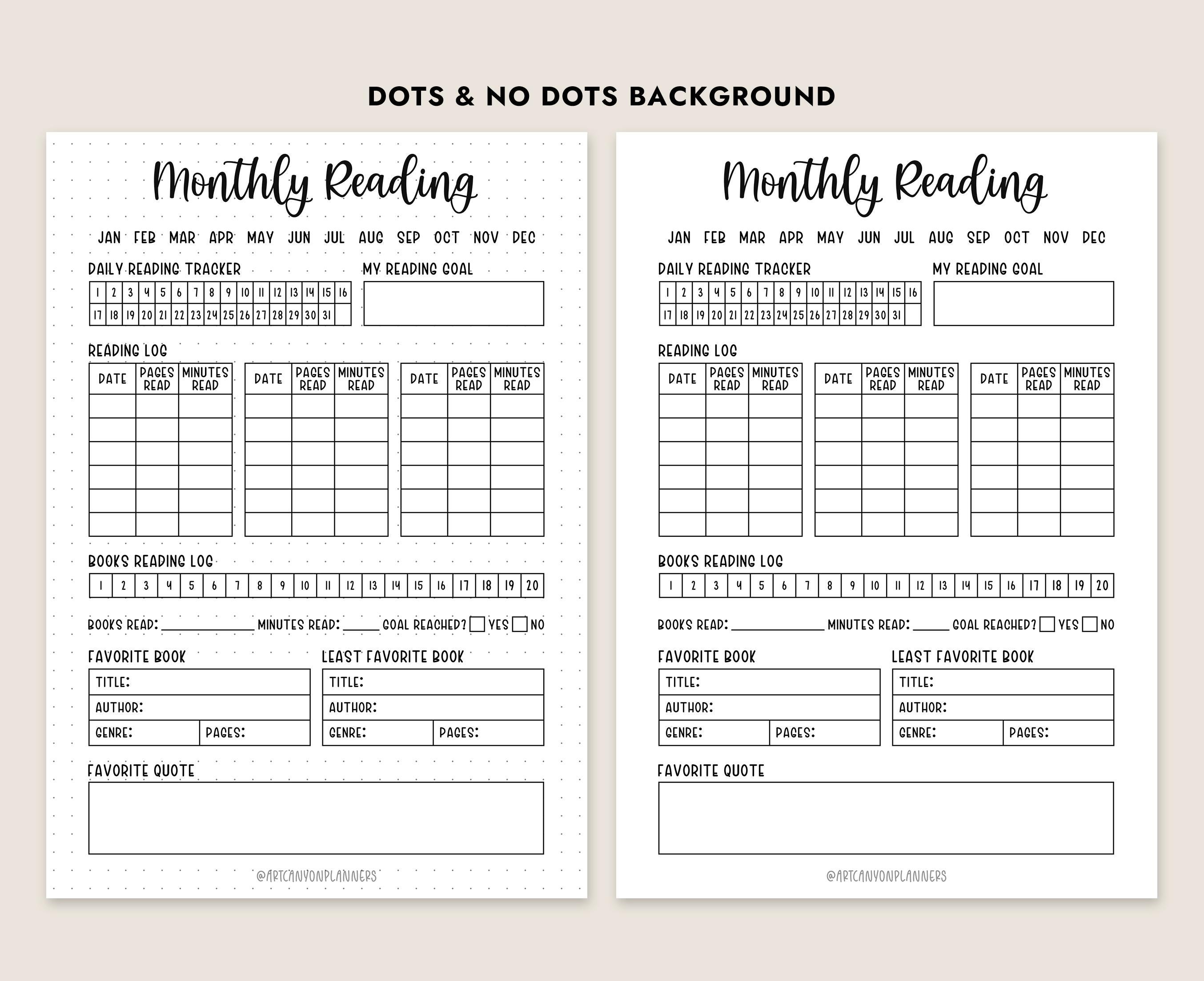 Monthly Reading Log Printable Book Tracker PDF A4 A5 Letter Bullet ...
